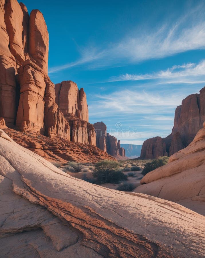 Stunning Desert Landscape with Dramatic Rock Formations Under a Bright ...