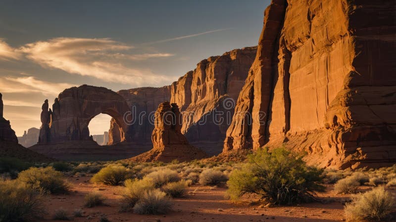 Majestic Sunset Over Canyon Arch and Sandstone Cliffs Stock ...
