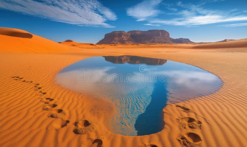 Stunning Desert Landscape with Reflective Water Pool and Footprints in ...