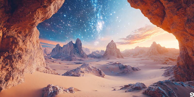 Stunning Desert Landscape Starry Night Sky Rock Formations Sunset View ...