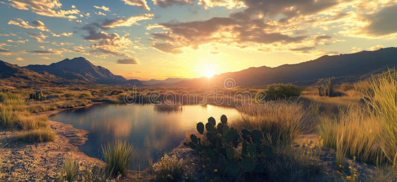 Stunning Desert Landscape at Sunset with Serene Pond and Mountain ...