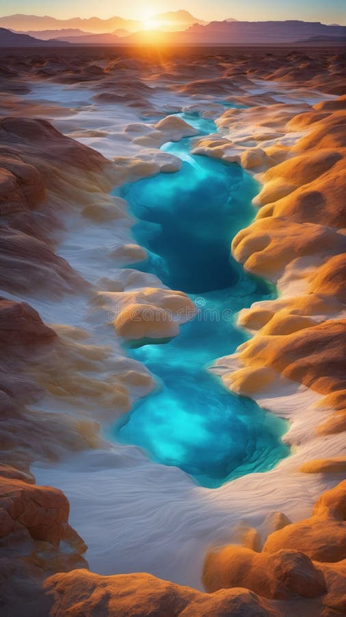 Stunning Desert Landscape with Vibrant Blue Oasis and Dramatic Sunset ...