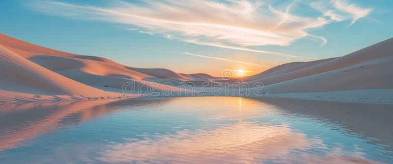 Stunning Desert Oasis at Sunset with Reflective Water and Dunes in ...