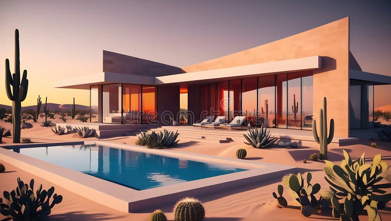 Modern Desert Villa with Infinity Pool Stock Photo - Image of building ...
