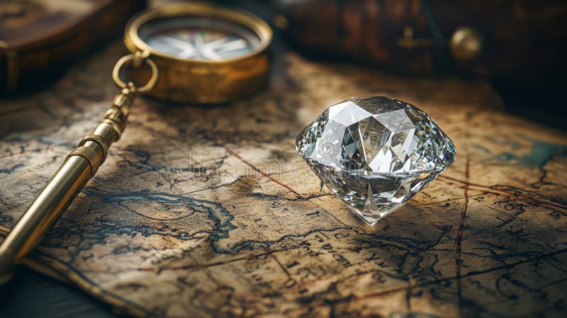 A Stunning Diamond Sits on a Vintage Treasure Map. the Compass Hints at ...