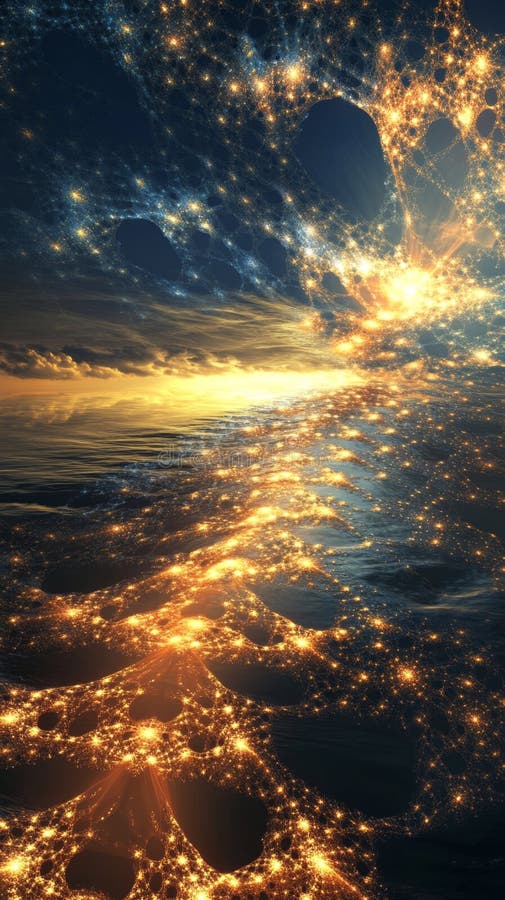 Abstract Fractal Ocean Surface with Radiant Golden Light and Cosmic ...