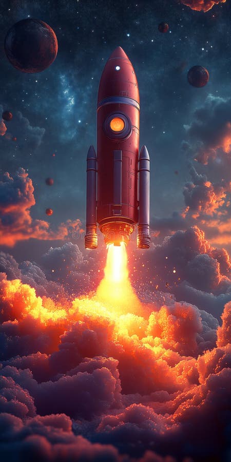 A Vibrant Rocket Launching through Colorful Clouds in a Cosmic Setting ...