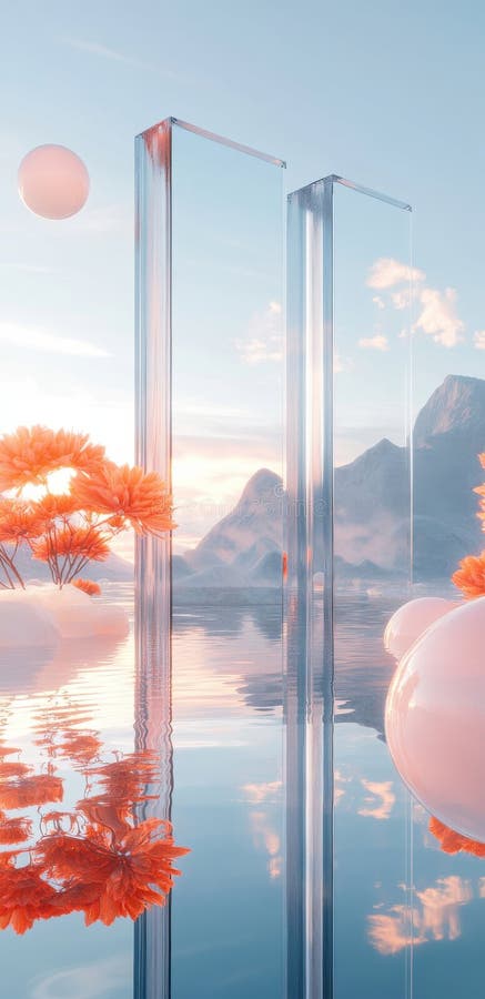 Surreal Landscape with Floating Spheres and Reflective Water Surface ...