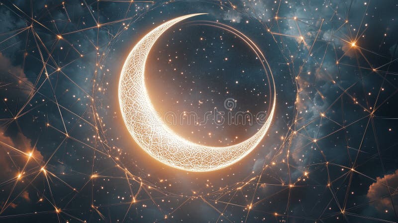 Glowing Crescent Moon with Intricate Islamic Patterns in a Cosmic Scene ...