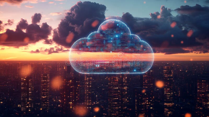 Digital Cloud Network Over Cityscape Sunset Modern Technology Data ...
