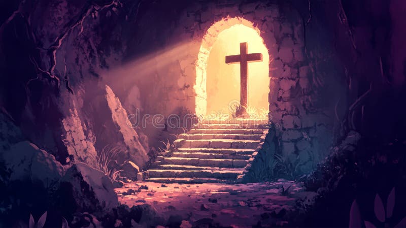 Bright Resurrection Light Illuminating an Empty Tomb with Stone Stairs ...