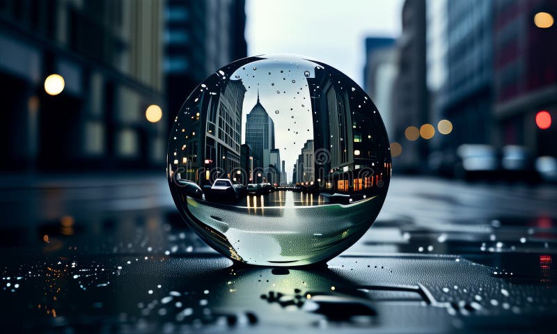 City Reflection in a Raindrop on a Street Stock Photo - Image of urban ...