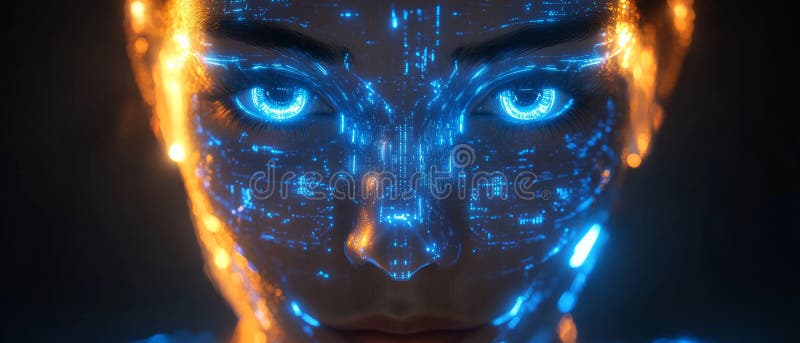 A Stunning Digital Image Shows a Face Lit by Vibrant Blue Lights and ...