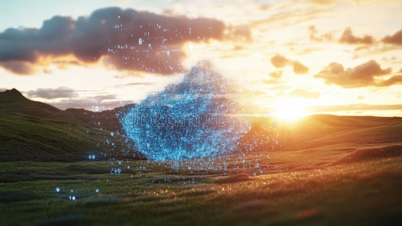 A Stunning Digital Landscape at Sunset with Glowing Particles in an ...