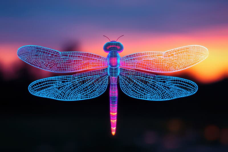 Neon Dragonfly Silhouette Sunset Background Insect Wings Nature ...