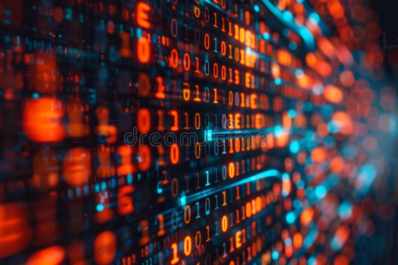 A Stunning Display of Binary Code Streams in Bright Blue and Orange Lights Against a Da Stock ...