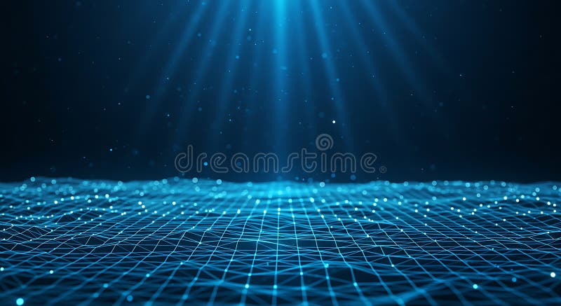 Dynamic Blue Light Grid Pattern with Sparkling Elements in Dark ...