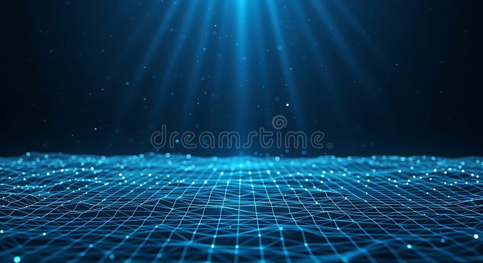 Dynamic Blue Light Grid Pattern with Sparkling Elements in Dark ...