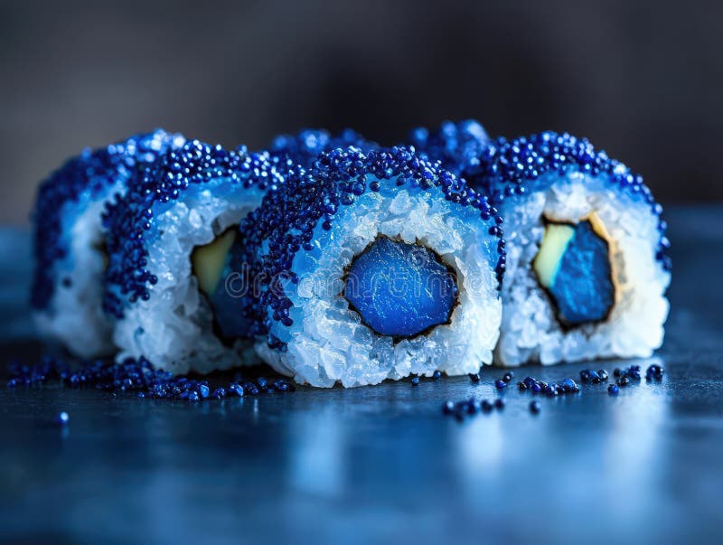 Innovative Blue Sushi Rolls Creatively Decorated with Vibrant Blue ...
