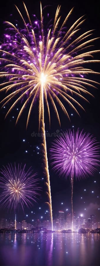 Golden and Purple Fireworks Illuminate the Night Sky Above a City Stock ...