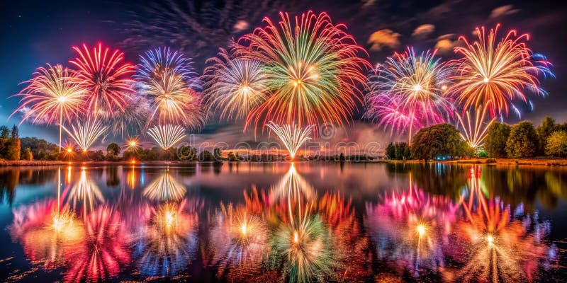 Beautiful Fireworks with Reflection in the Pond Stock Illustration ...