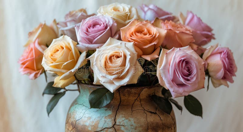 A Stunning Display of Multicolored Roses in a Rustic Vase Stock Photo ...