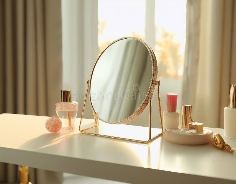 Reflective Beauty: Mirror and Cosmetics on a White Table Indoors Stock ...