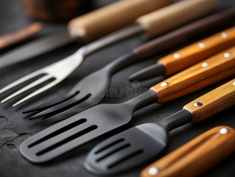 Various Cooking Utensils Displayed on Dark Surface in Professional ...