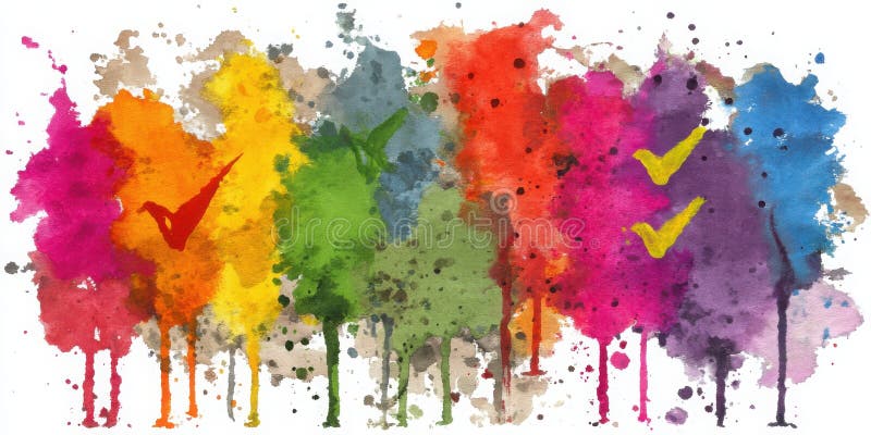 Vibrant Colorful Watercolor Splash with Artistic Check Marks on White ...
