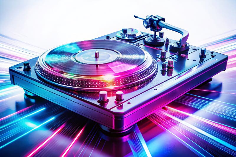 A Captivating Double Exposure of a DJ Setup Vibrant Pink and Blue Neon Lights Enveloping a ...