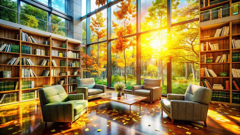 Stunning Double Exposure of a Modern Library Sunlight Drenched Interior ...