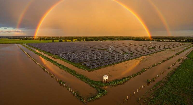 Stunning Double Rainbow Arches Over Expansive Solar Panel Farm ...