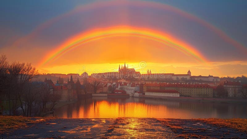 Stunning Double Rainbow Over Prague Castle at Sunset in Czech Republic ...