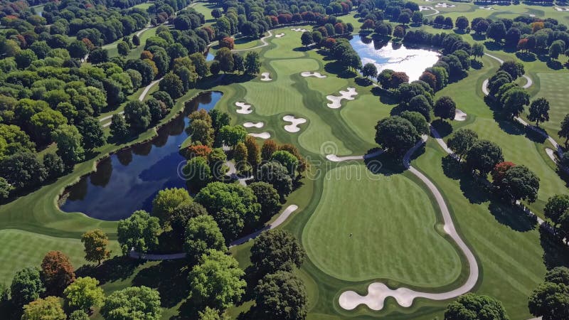 Aerial View of Championship Golf Course with Tree Clusters and Water ...