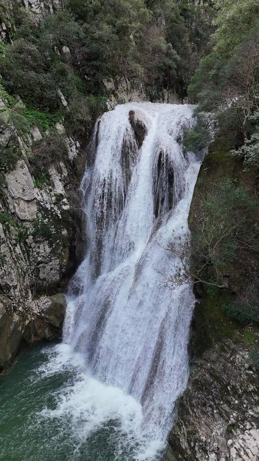 Aerial View Vertical of Polylimnio Waterfall in Messinia, Greece after ...