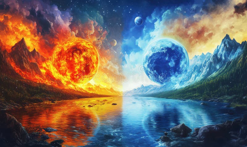 Stunning Duality of Fire and Ice Landscapes with Sun and Moon Over a ...