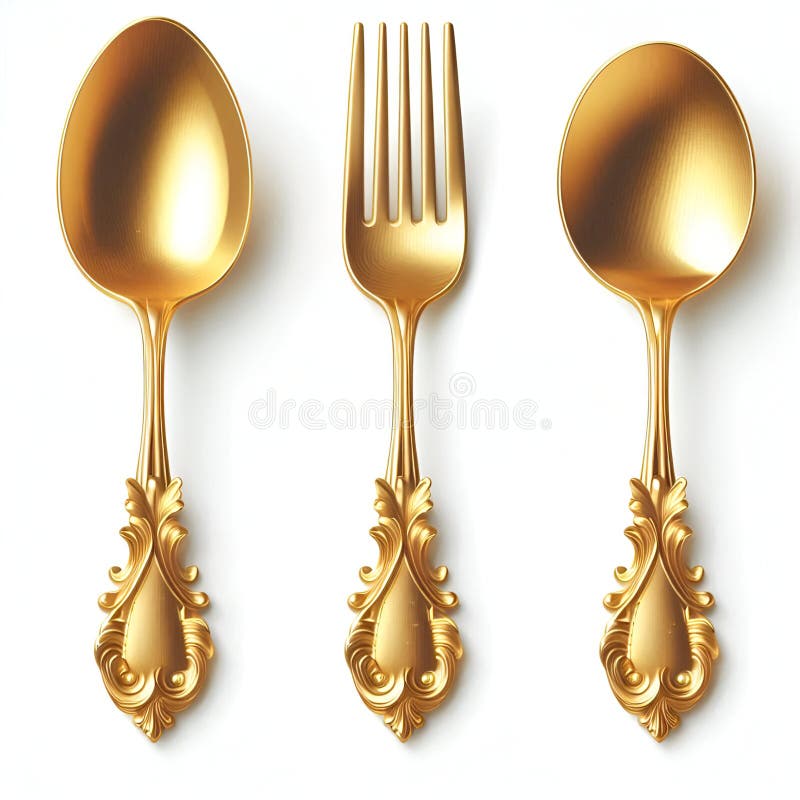 Gold Spoon and Fork Duo Isolated on White, Isolate Image, Generative AI ...