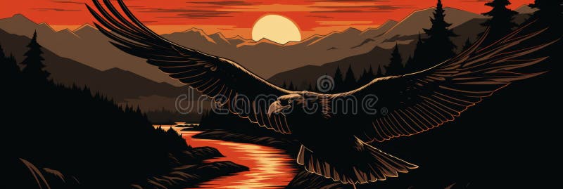 A Majestic Eagle Soaring through a Sunset Over a Serene River and ...