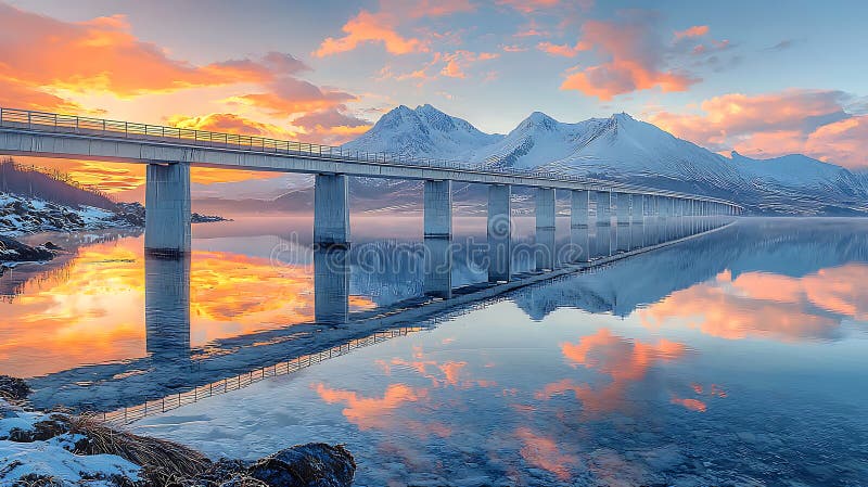 Stunning Elevated Highway Bridge Reflecting in Calm Water at Sunset ...