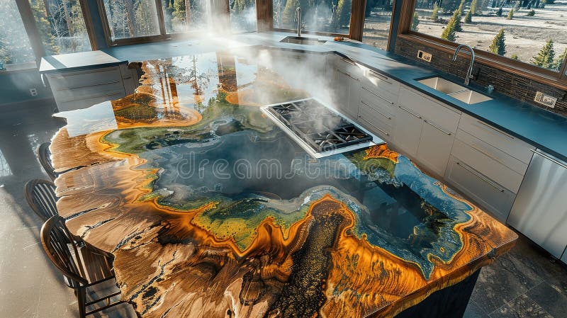 Stunning Epoxy Resin River Table in Modern Kitchen Setting Stock ...