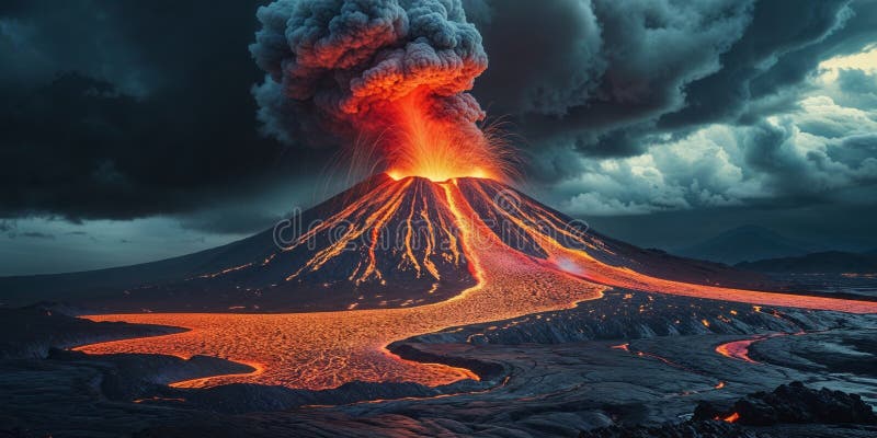 Stunning Eruption of a Volcano with Lava Flow. Stock Image - Image of ...