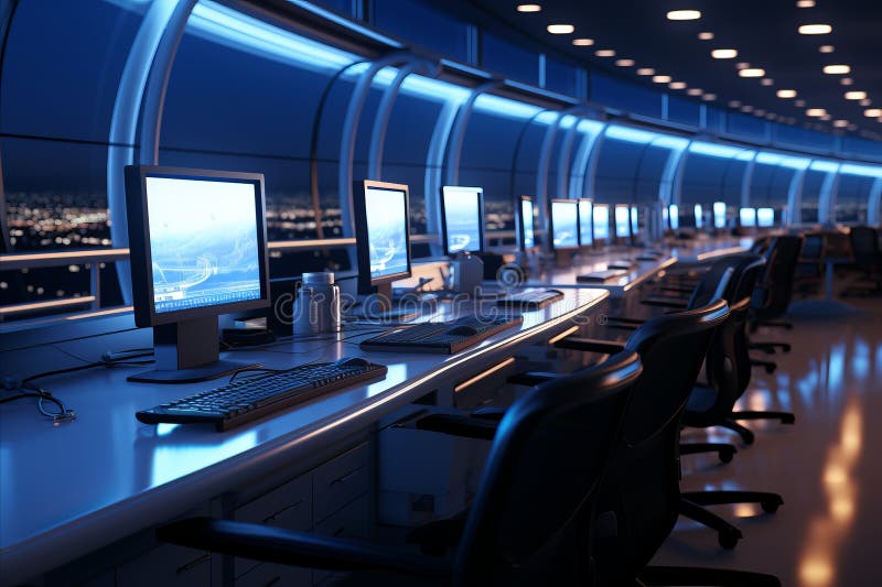 Stunning Evening Cityscape with Office Desks and Computers for a ...