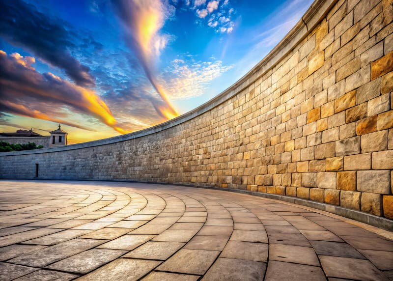 Stunning Exterior Architectural Design Curved Stone Wall Square Stock ...