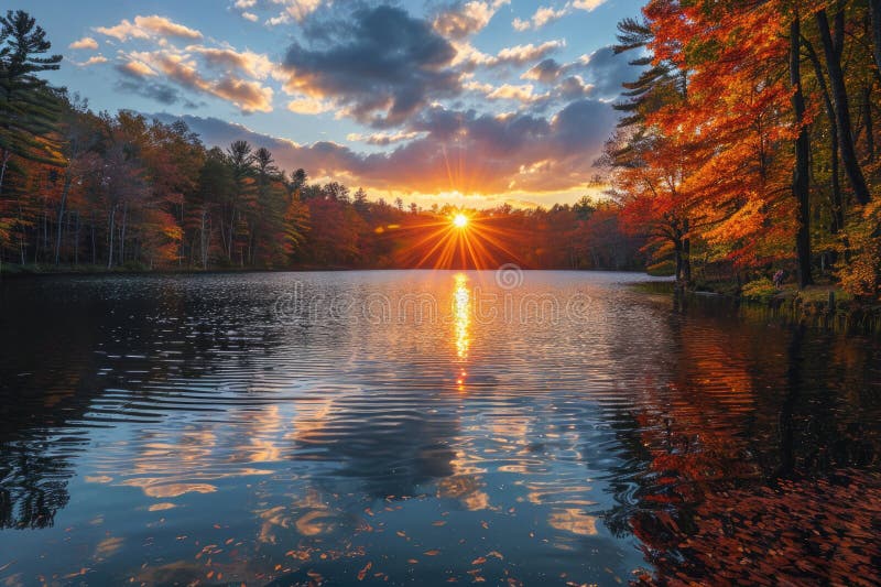 Stunning Fall Sunset Over Reflective Lake with Vibrant Autumn Foliage ...