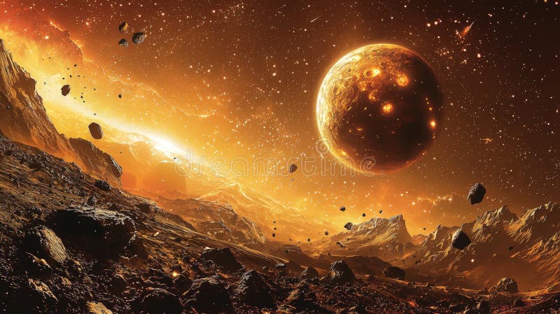Fantasy Landscape with a Glowing Planet and Asteroids in Space Stock ...