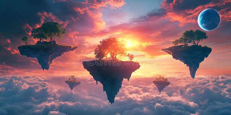 Stunning Fantasy Landscape: Floating Islands at Sunset Stock ...