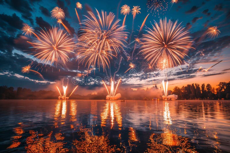 Stunning Firework Display Over a Lake during a Warm Summer Night ...