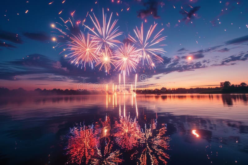Stunning Firework Display Over a Lake during a Warm Summer Night ...