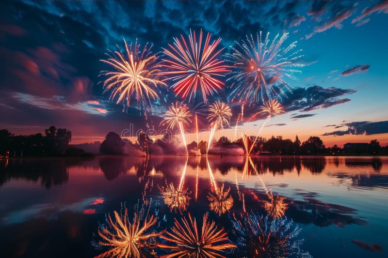 Stunning Firework Display Over a Lake during a Warm Summer Night ...