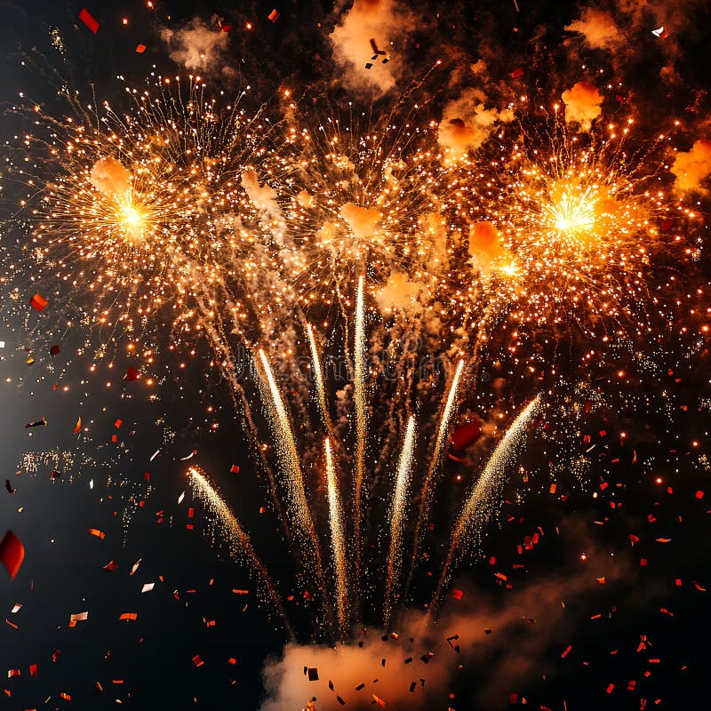 Stunning Fireworks Display at Night with Orange Sparks and Red Confetti ...